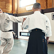 Aikido, master and fight with a sensei in martial arts with student of ...