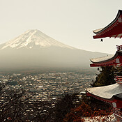 Mountain, landscape and Japanese temple with environment, nature and ...