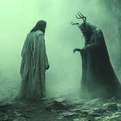 Background, christ and Jesus with devil with silhouette, satan and ...