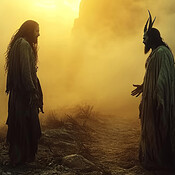 Background, christ and Jesus with devil, silhouette, and satan for ...