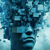 Male, abstract and ai with future mental health technology and internet ...