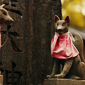 Fox statue at Shinto shrine in forest with spiritual history, Japanese ...