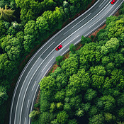 Highway, road and drone view of a path through the forest for vacation ...