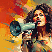 Woman, megaphone and voice for freedom of speech. Assertive, courageous ...