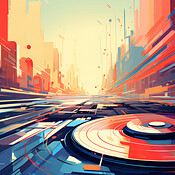 Vinyl record, abstract art and vibrant colors in musical expression ...