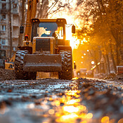 Tractor, ground and career, building at construction site with ...