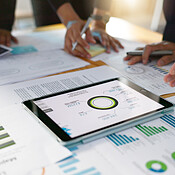 People, data analysis with tablet and documents, hands with online ...