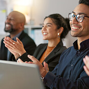 Business people, meeting applause and team for success, support or ...