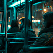Bus interior, transportation and people commuting in public transport ...