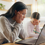 Homework, stress and laptop for mother and girl with headache, anxiety ...