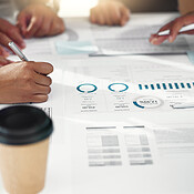 People hands, documents and meeting for data analysis, planning and ...