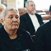 Funeral, church and people for memorial service, sermon and ceremony ...