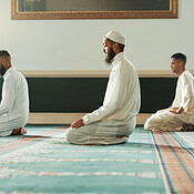 Islamic, praying and holy men in a Mosque for spiritual religion ...