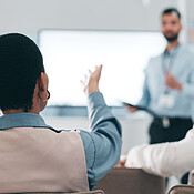 Business people, feedback and woman with questions, seminar and ...