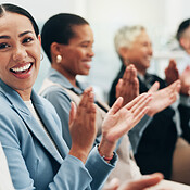 Business people, woman and team applause in conference, tradeshow and ...