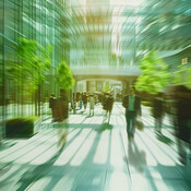 Corporate, building and business group of people walking for city ...