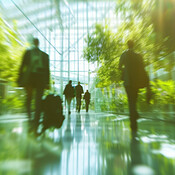 Corporate, building and business group of people walking for city ...
