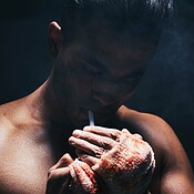 Boxer man, fight and blood of a boxing fighter with cigarette after ...