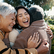 Mexican family, hug and smile for reunion, outdoors and love for ...