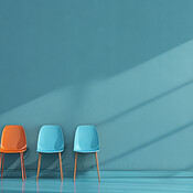 Chair, decor and furniture against a blue background for employment ...