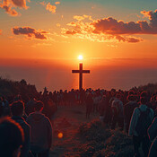 Christian cross, crowd and religion at sunset for praying, silhouette ...