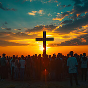 Christian cross, crowd and religion at sunset for praying, silhouette ...
