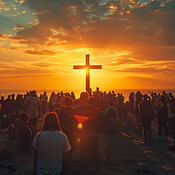 Christian cross, crowd and religion at sunset for praying, silhouette ...