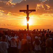 Christian cross, crowd and religion at sunset for praying, silhouette ...