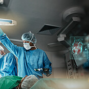 Doctors, hospital and surgery with global hologram of earth in ...