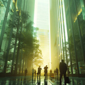 Abstract, walking and sunset with silhouette effect of workers walking ...