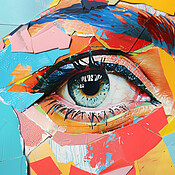 Eye, collage art and paper craft artwork for security, spyware and ...