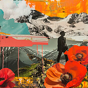 Man, collage art or creative male figure made of paper for positivity ...