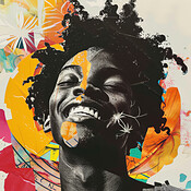 Man, collage art and creative male face made of paper for positivity ...