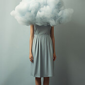 Person, head in clouds and thinking with ideas, brainstorming and ...