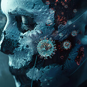 Human, skull and virus with infection, danger and illness for covid ...