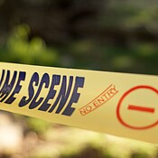 Police, yellow line or crime scene in outdoor for emergency, homicide ...