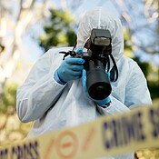 Csi, photographer and police tape at crime scene for investigation in ...