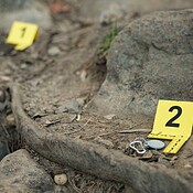 Closeup, evidence marker and forensic for investigation at crime scene ...