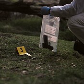 Crime scene, gun and investigator with evidence outdoor for forensics ...