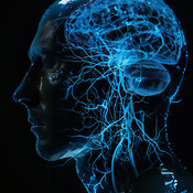 Science, dark or graphic of human brain for study of neurology ...