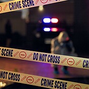 Police tape, crime scene or csi photographer with evidence of murder ...