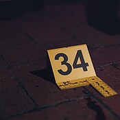 Crime scene, investigation and blood on floor for evidence, forensics ...