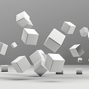 Abstract, art and floating block illustration in studio on gray ...