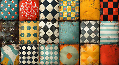 Retro, art and abstract with pattern on collage, blocks or graphic ...