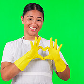 Happy asian woman, heart hands and green screen in housekeeping against ...