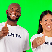 Thumbs up, volunteer and happy with people on green screen for support ...