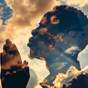 Clouds, prayer and shadow of man on sky with hands for religion ...