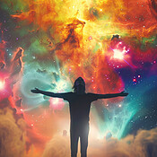 Nebula, freedom and silhouette of person with galaxy for spiritual ...