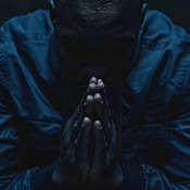 Man, praying and hope in dark with religion for insight, confession and ...
