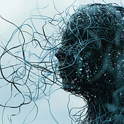 Art, 3d or person wireframe person with creative, perspective or ...
